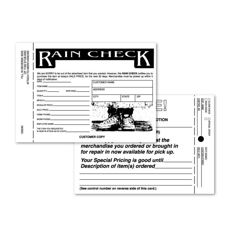 Non-Branded Rain Check Form | Centurion Store Supplies